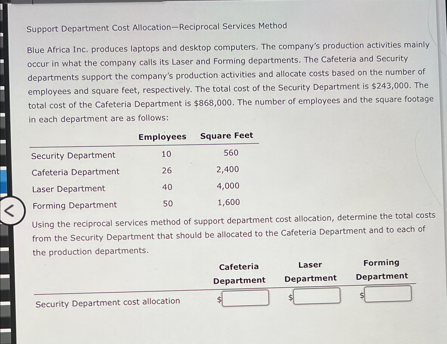 Solved Support Department Cost Allocation-Reciprocal | Chegg.com