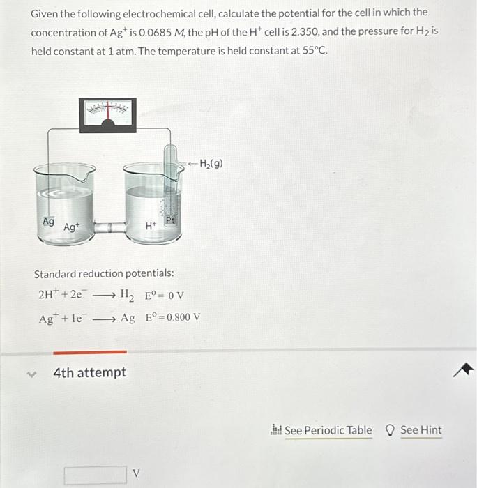 Solved Given the following electrochemical cell, calculate | Chegg.com