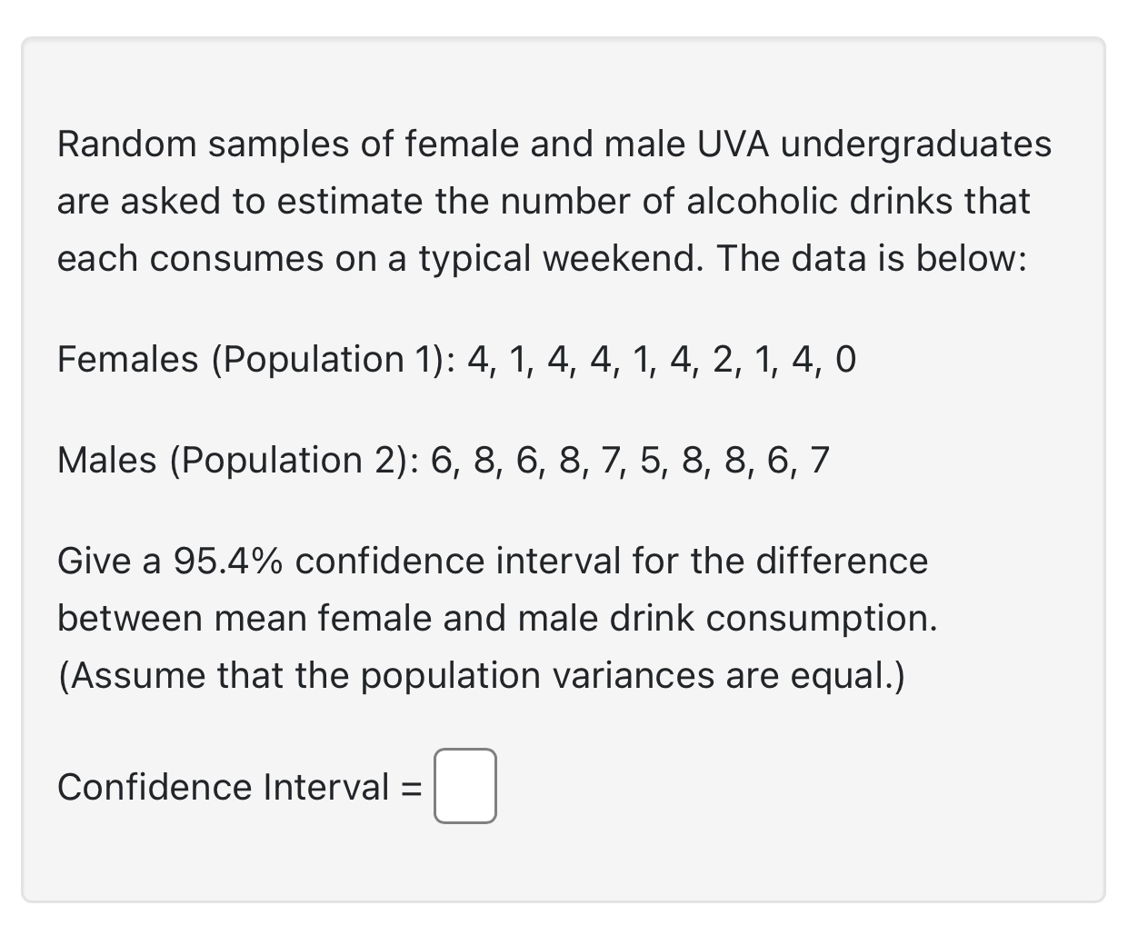 Solved Random samples of female and male UVA | Chegg.com