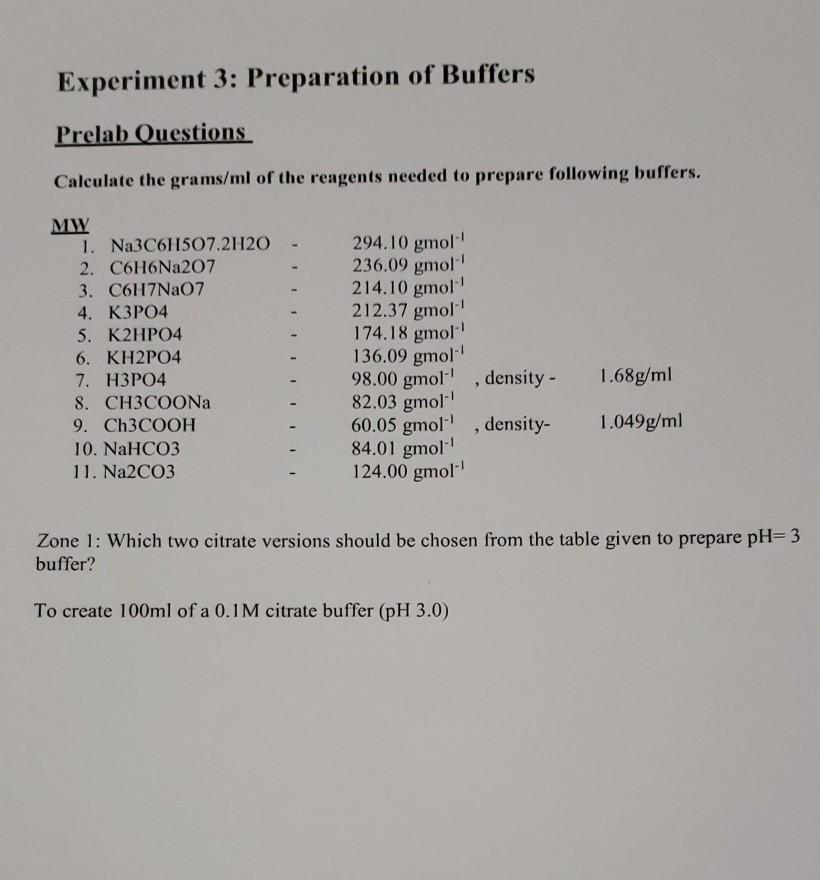 Solved Experiment 3: Preparation of Buffers Prelab Questions | Chegg.com
