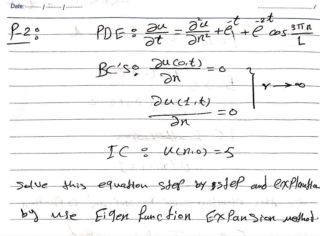 Solved P2:PDE:deludelt=del2udeln2+e-t+e-2tcos(3πnL)solve | Chegg.com