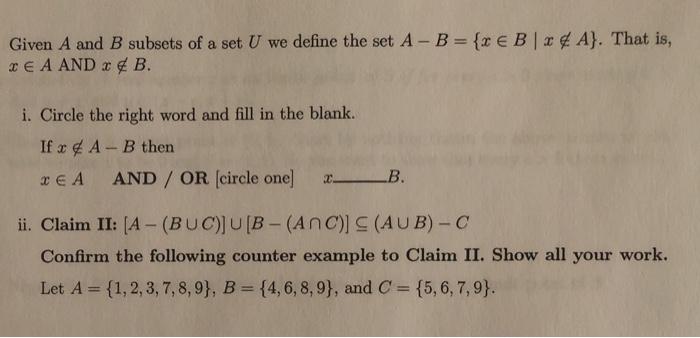 Solved Given A and B subsets of a set U we define the set A | Chegg.com