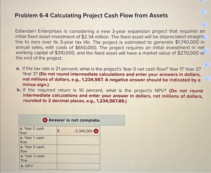 Solved Problem 6-4 Calculating Project Cash Flow from Assets | Chegg.com Solved Problem 6-4 Calculating Project Cash Flow from Assets | Chegg.com