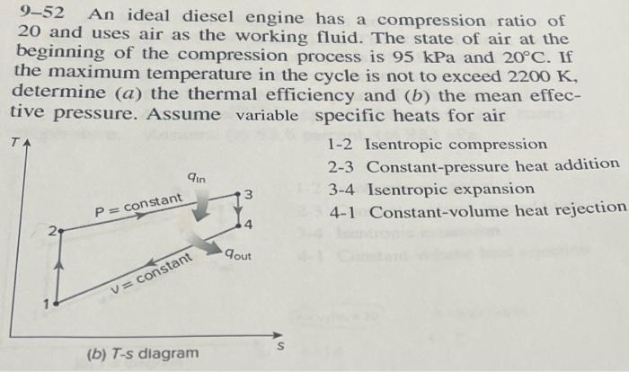 Solved 9-52 An ideal diesel engine has a compression ratio | Chegg.com