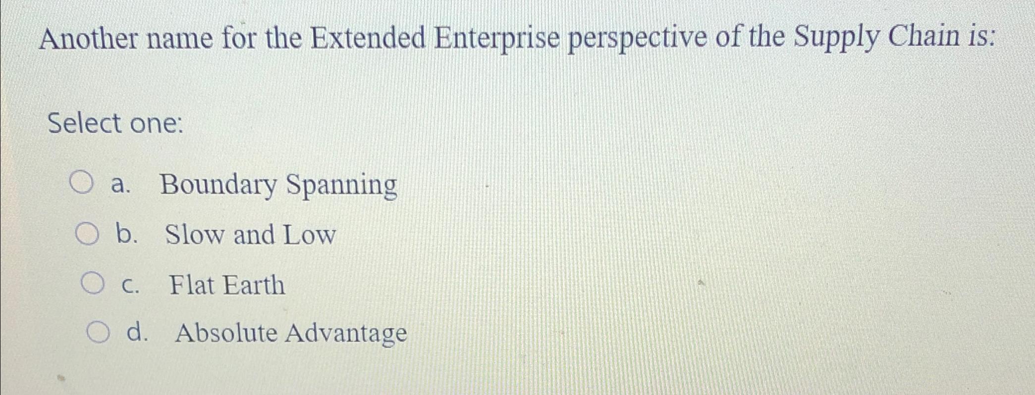 Solved Another name for the Extended Enterprise perspective | Chegg.com