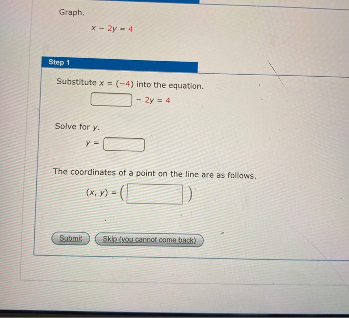 Solved Graph x - 2y = 4 Step 1 Substitute x = (-4) into the | Chegg.com