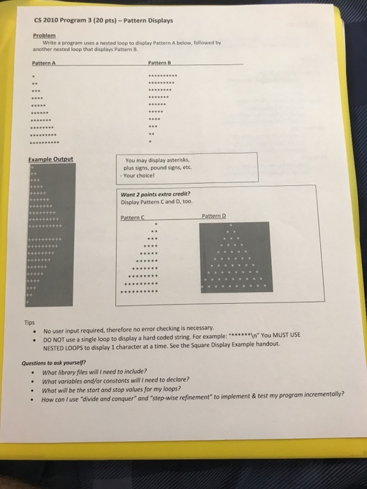 Solved CS 2010 Program 3 (20 pts) - Pattern Displays Problem | Chegg.com