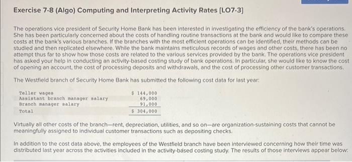 Solved Exercise 7-8 (Algo) Computing and Interpreting | Chegg.com
