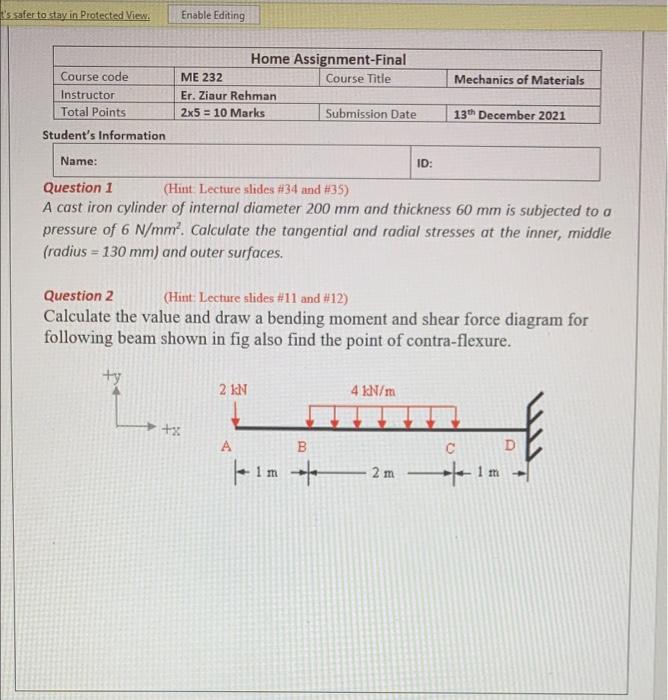 Solved t's safer to stay in Protected View. Enable Editing | Chegg.com