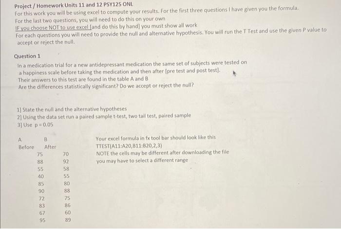 Solved Project / Homework Units 11 and 12 PSY125 ONL For | Chegg.com
