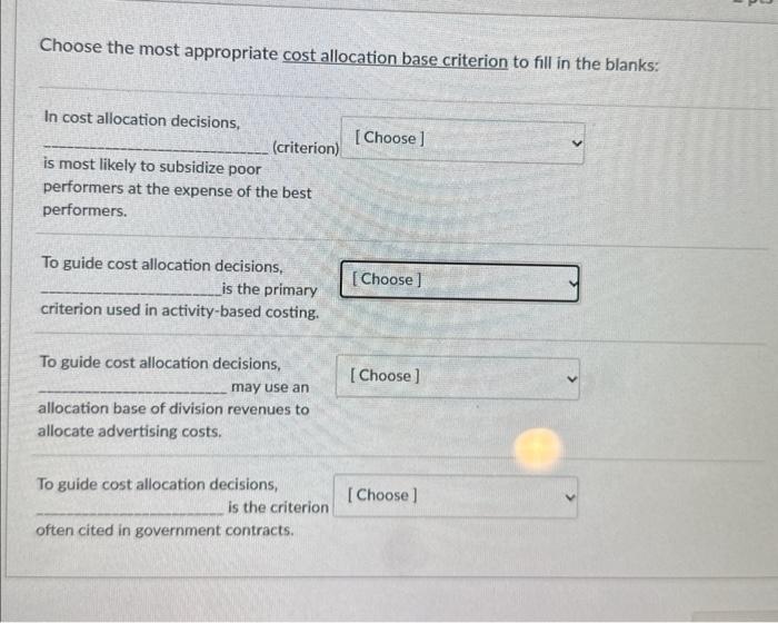 Solved Choose the most appropriate cost allocation base | Chegg.com