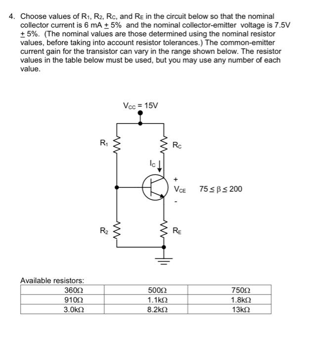 Solved 4. Choose values of R1,R2,Rc, and RE in the circuit | Chegg.com