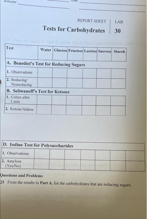 Solved Instructor REPORT SHEET LAB Tests for Carbohydrates | Chegg.com