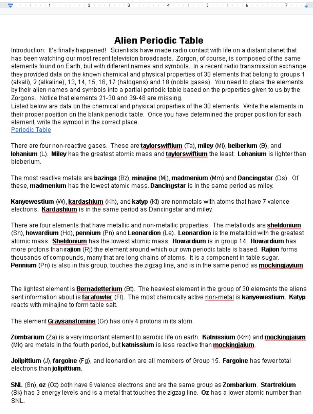 Solved 1 2 3 7 Alien Periodic Table Introduction: It's | Chegg.com