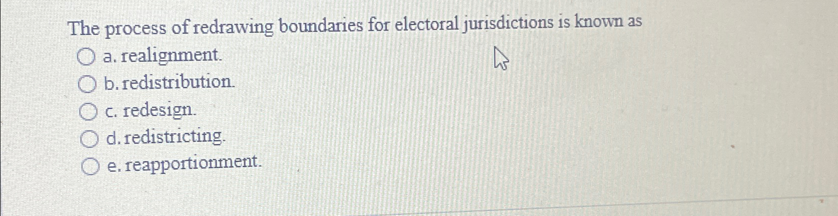 Solved The process of redrawing boundaries for electoral | Chegg.com