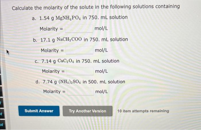 Solved alculate the molarity of the solute in the following | Chegg.com