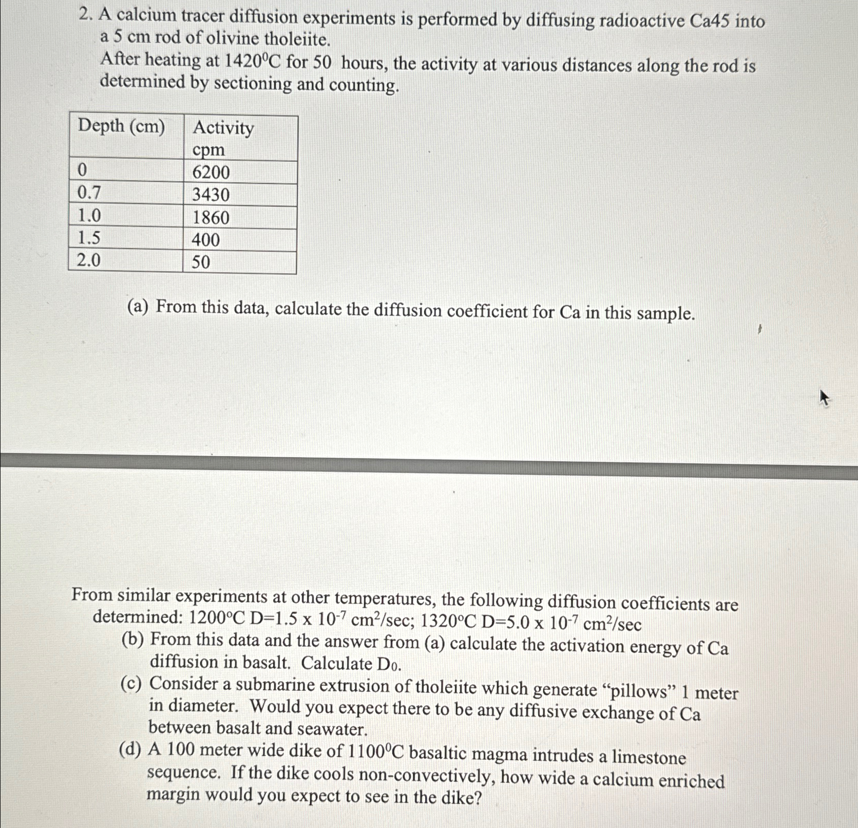 Solved A calcium tracer diffusion experiments is performed | Chegg.com