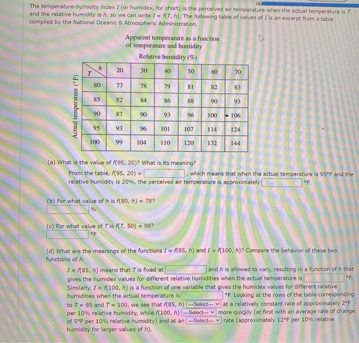 Solved The temperature-humidity index I (or humidex, for | Chegg.com