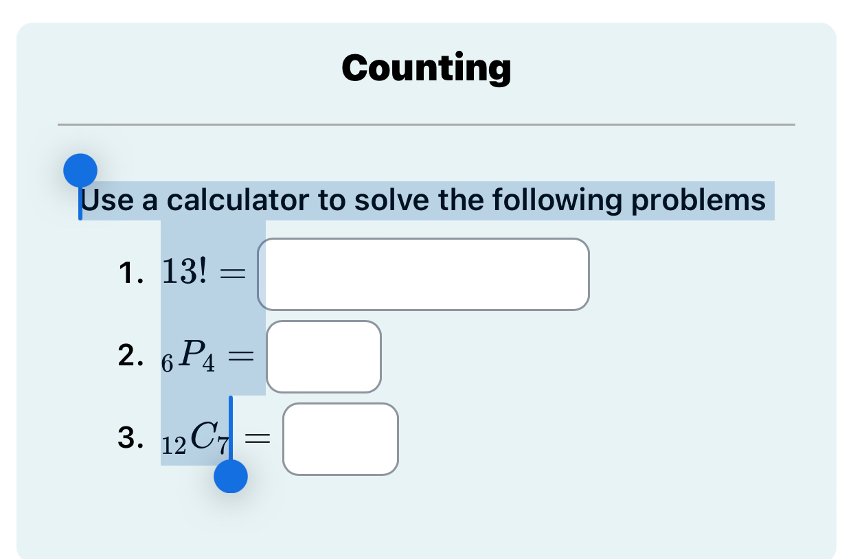 Solved CountingUse a calculator to solve the following | Chegg.com