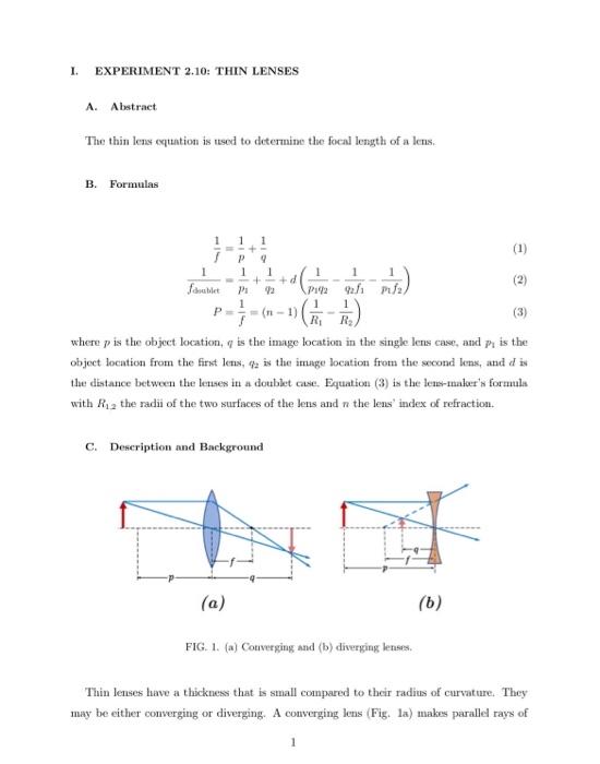 Solved I. EXPERIMENT 2.10: THIN LENSES A. Abstract The thin | Chegg.com
