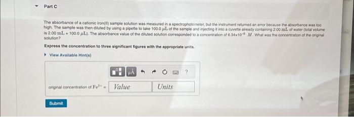Solved The absorbance of a cationic iron(ii) sample soluion | Chegg.com