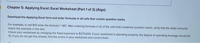 Solved Chapter 5: Applying Excel: Excel Worksheet (Part 1 of | Chegg.com Solved Chapter 5: Applying Excel: Excel Worksheet (Part 1 of | Chegg.com