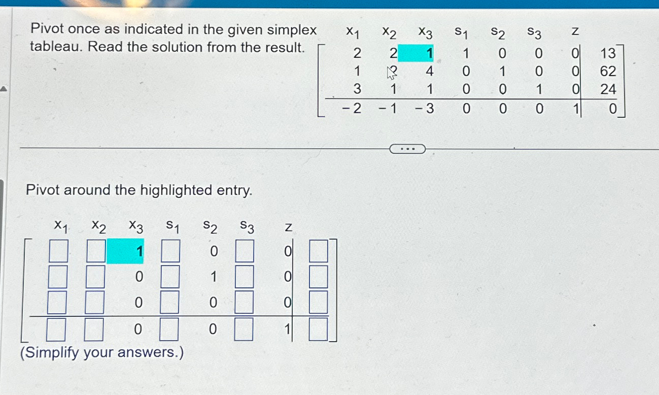 Solved \table[[Pivot once as indicated in the given | Chegg.com