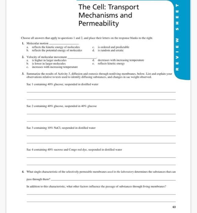 Solved The Cell: Transport Mechanisms and Permeability SHEET | Chegg.com