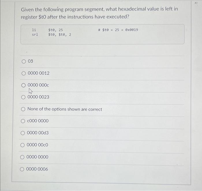 Solved Given The Following Program Segment What Hexadecimal 