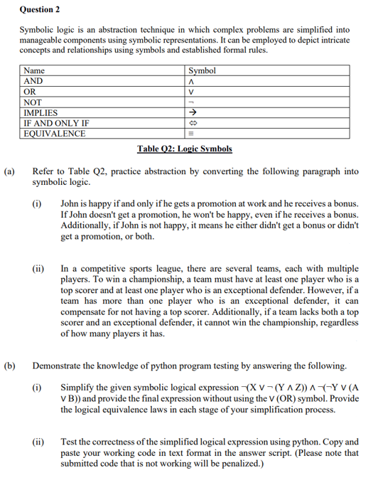 Solved Question 2Symbolic logic is an abstraction technique | Chegg.com