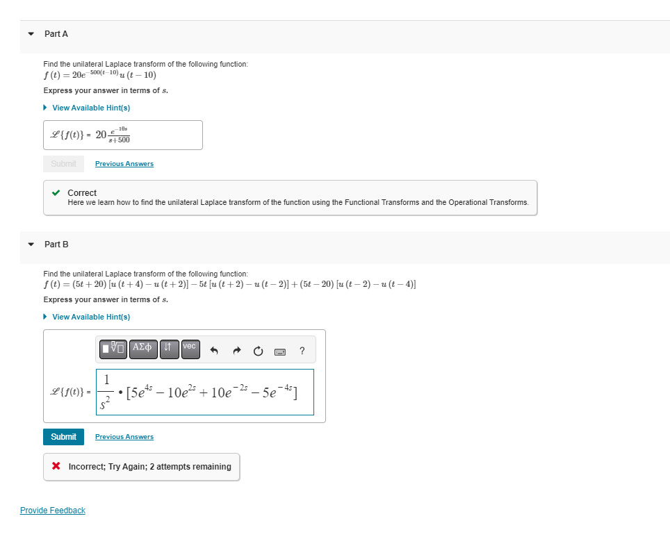 Solved Part AFind the unilateral Laplace transform of the | Chegg.com