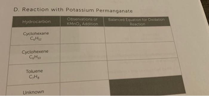 Solved D. Reaction with Potassium Permanganate Observations | Chegg.com