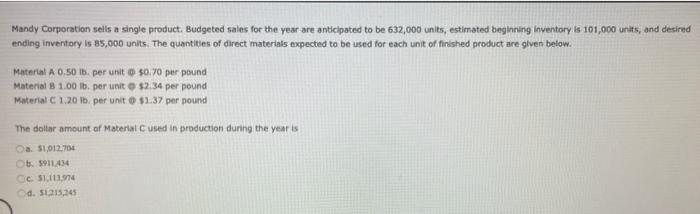 Solved Mandy Corporation sells a single product. Budgeted | Chegg.com
