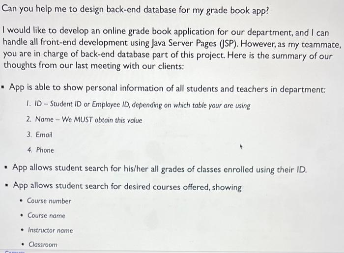 Solved I would like to develop an online grade book | Chegg.com
