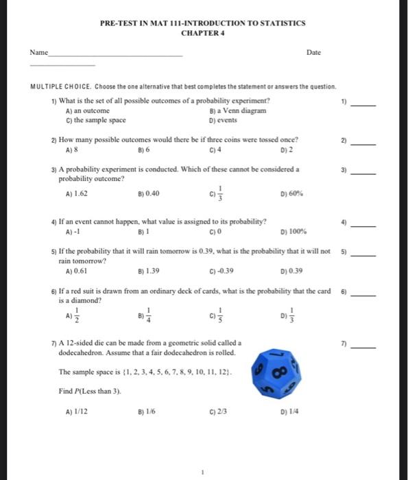 Solved PRE-TEST IN MAT 111-INTRODUCTION TO STATISTICS | Chegg.com