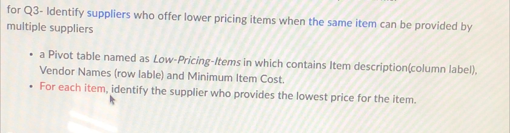 Solved for Q3- ﻿Identify suppliers who offer lower pricing | Chegg.com
