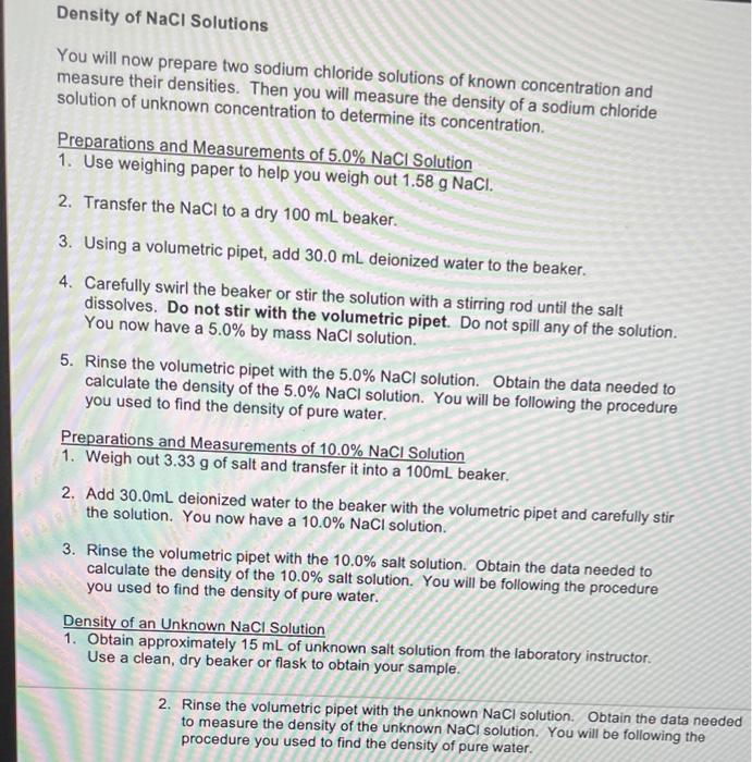 Solved Density of NaCl Solutions You will now prepare two | Chegg.com