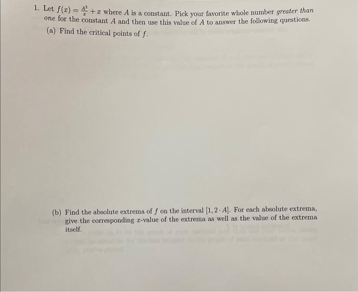 Solved 1. Let f(x)=xA2+x where A is a constant. Pick your | Chegg.com