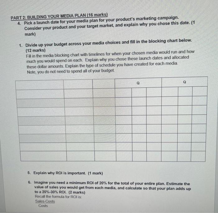 PART 2: BUILDING YOUR MEDIA PLAN (16 marks) 4. Pick a | Chegg.com