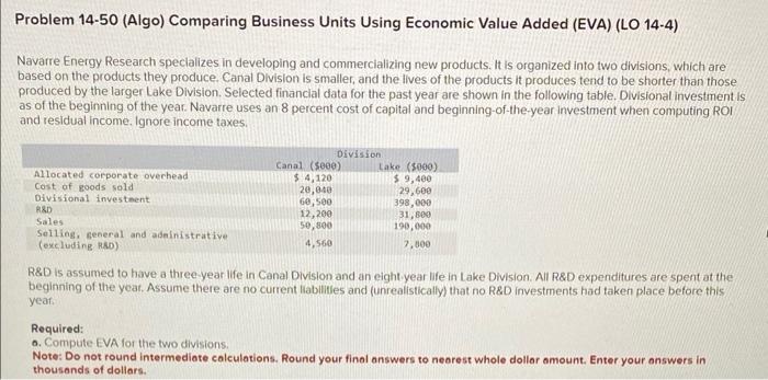 Solved Problem 14-50 (Algo) Comparing Business Units Using | Chegg.com