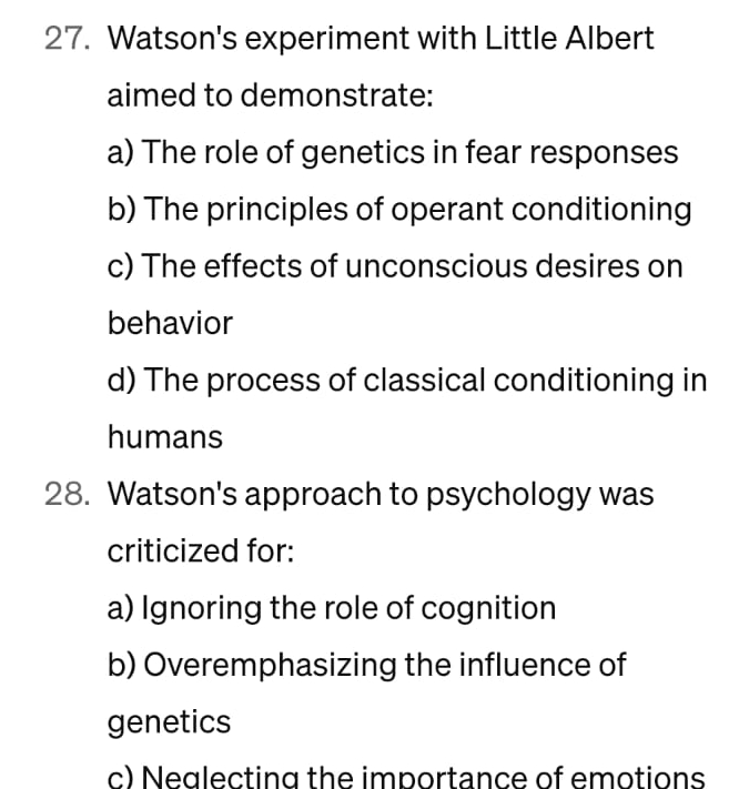 Solved Watson's experiment with Little Albert aimed to | Chegg.com