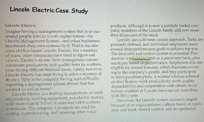 Solved Lincoln Electric Case Study Lincoln Electric Imagine | Chegg.com
