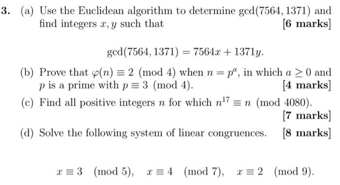 Solved 3 A Use The Euclidean Algorithm To Determine