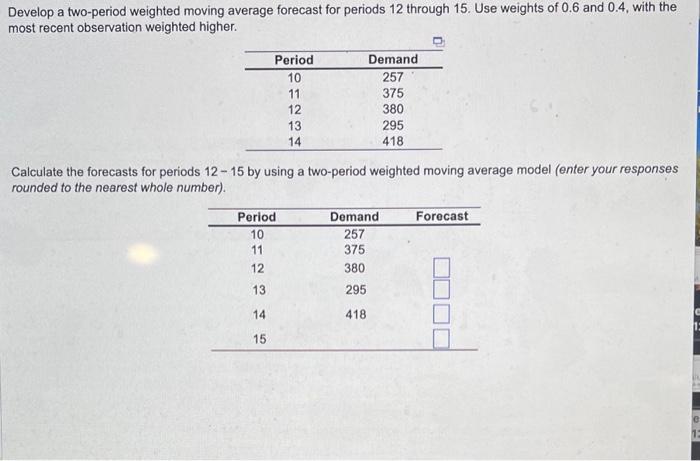 Solved Develop a two-period weighted moving average forecast | Chegg.com