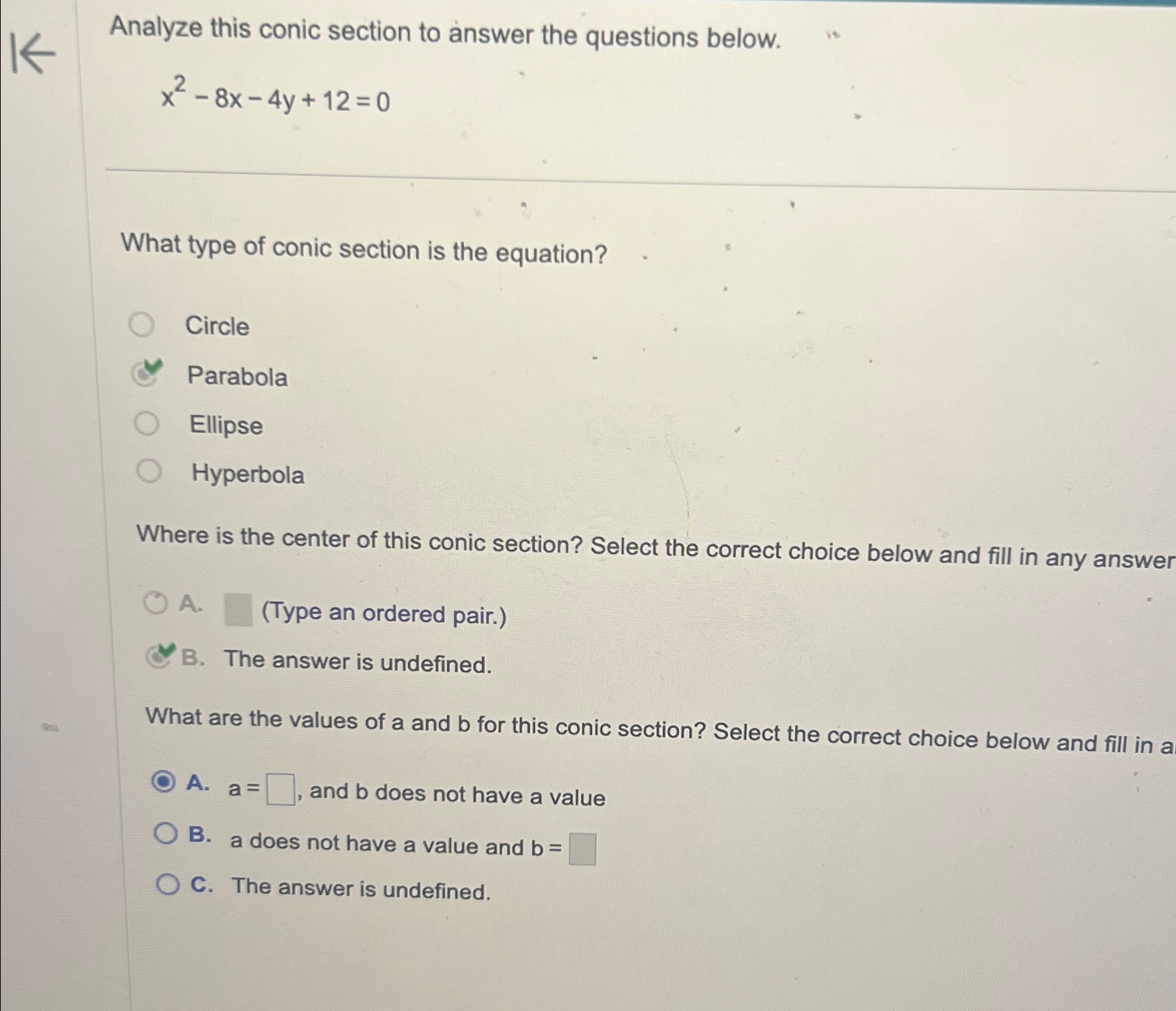 Solved Analyze this conic section to answer the questions | Chegg.com