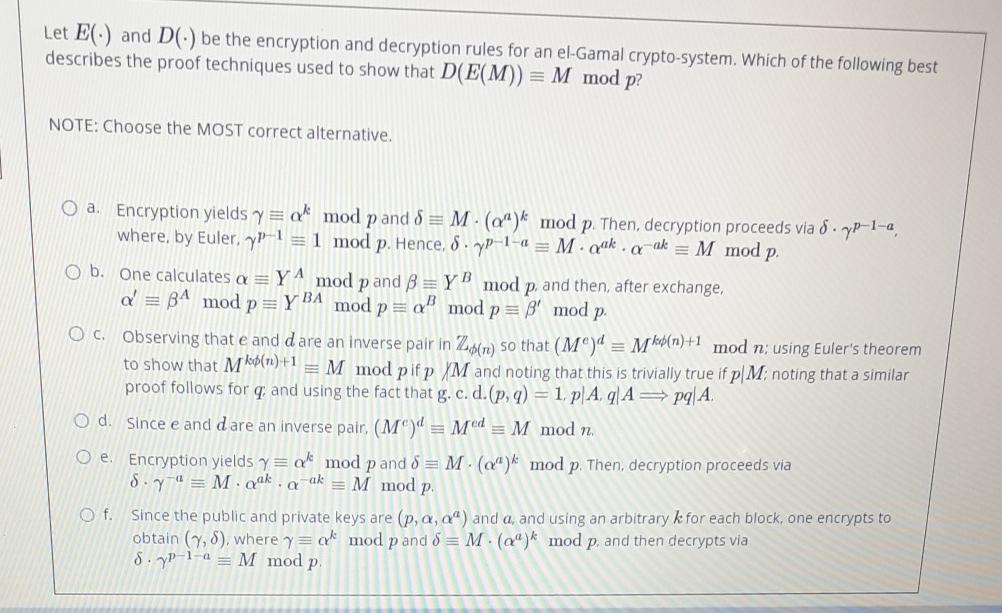 Solved Let E() and D.) be the encryption and decryption | Chegg.com