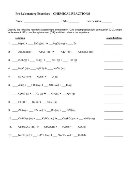 Solved Pre-Laboratory Exercises - CHEMICAL REACTIONS Name: | Chegg.com