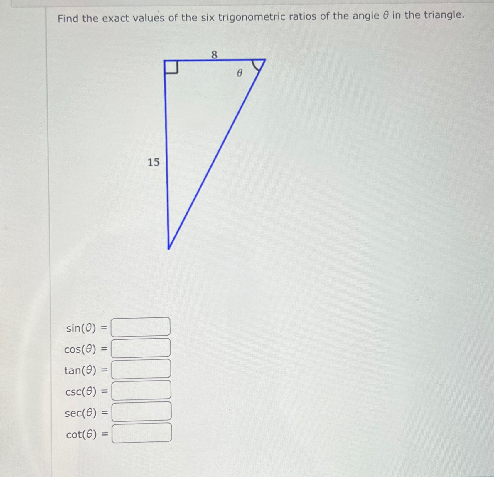 Solved Find the exact values of the six trigonometric ratios | Chegg.com