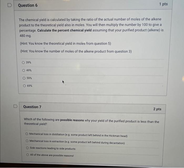 Solved The chemical yield is calculated by taking the ratio | Chegg.com