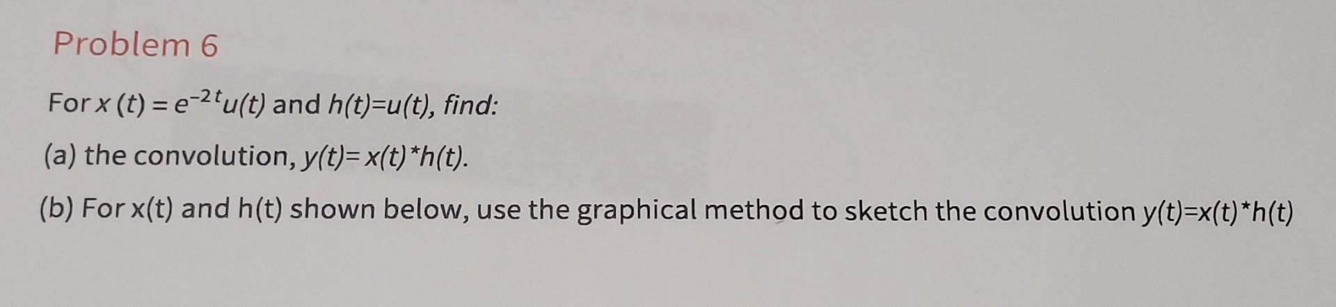Solved Problem 6 For x(t) = e-2tu(t) and h(t)=u(t), find: | Chegg.com
